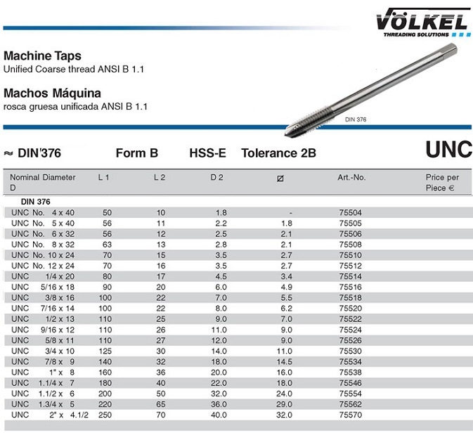 UNC DIN 376/B (HSS-E) MAKİNE KILAVUZU, MACHİNE TAPS, VÖLKEL, NAREX ...